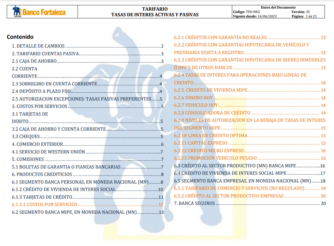 Tarifario | Banco Fortaleza